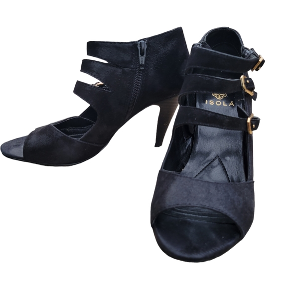 Isola | Shoes | Isola Shiny Metallic Fabric Black Open Toe Strappy Heel ...
